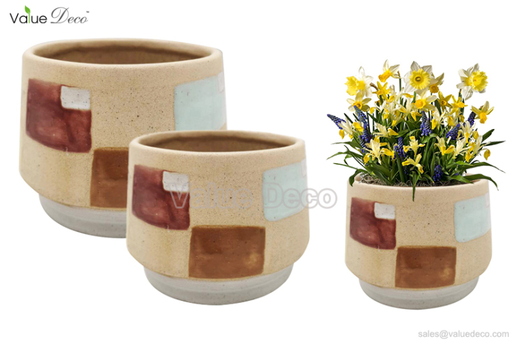 SWV01505 (Color Block Stoneware Flower Pot) - Wholesale pots, baskets ...